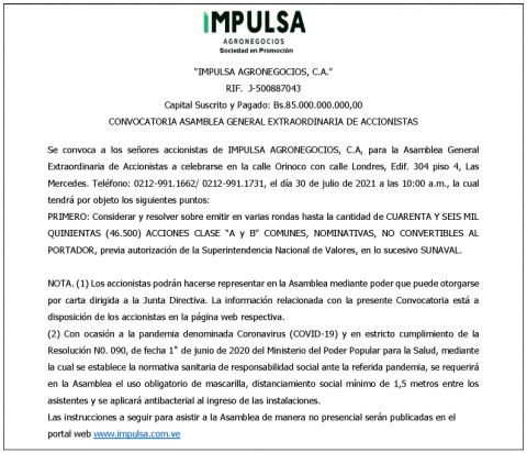 Convocatoria a la Asamblea General Extraordinaria de Accionistas de Impulsa Venture | Impulsa